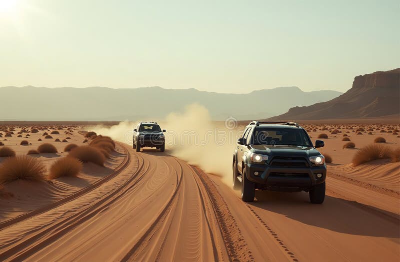Sand Dunes in Sunlight, Off Road Car Driving on Sand Sunset Sky. AI ...