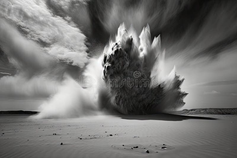 Sand Explosion in Black and White Against Dramatic Sky Stock ...