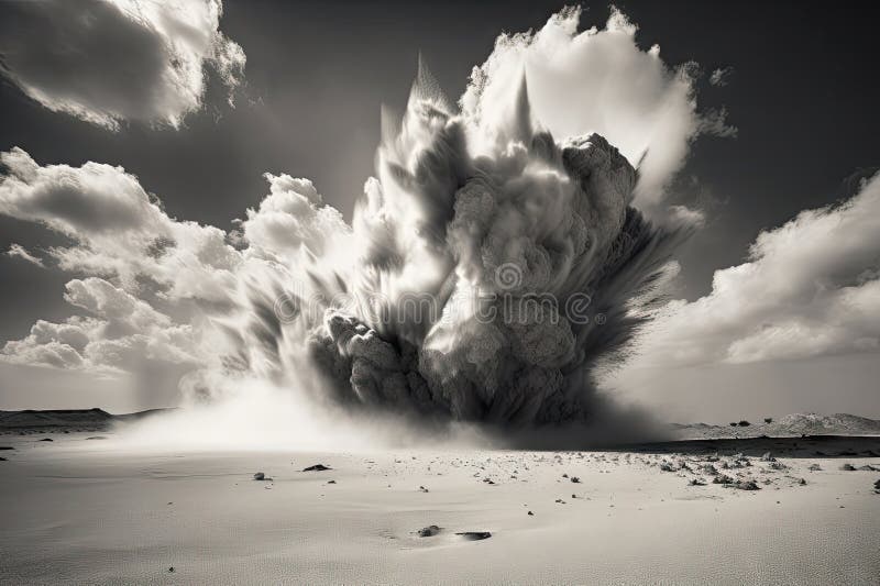 Sand Explosion in Black and White Against Dramatic Sky Stock ...