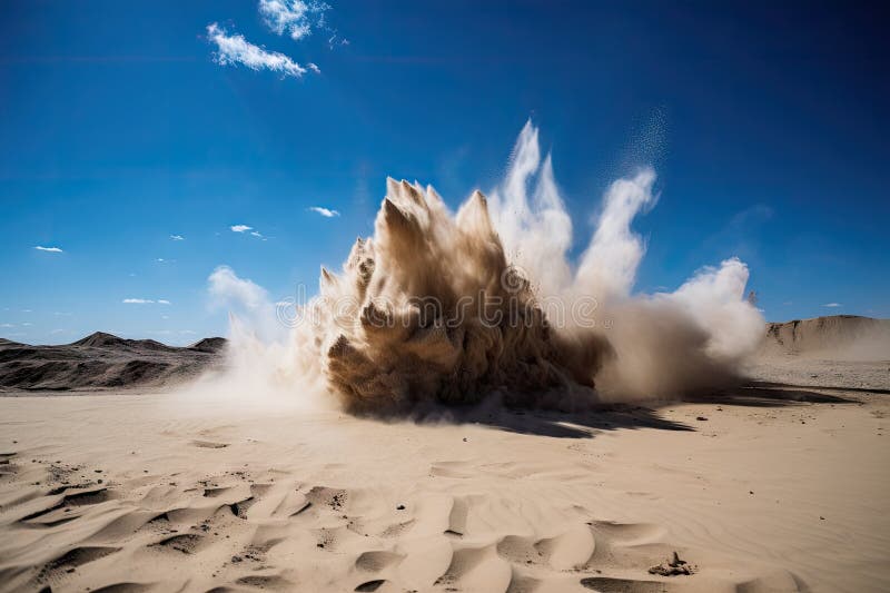 Sand Explosion in the Desert with a Clear Blue Sky Above Stock ...