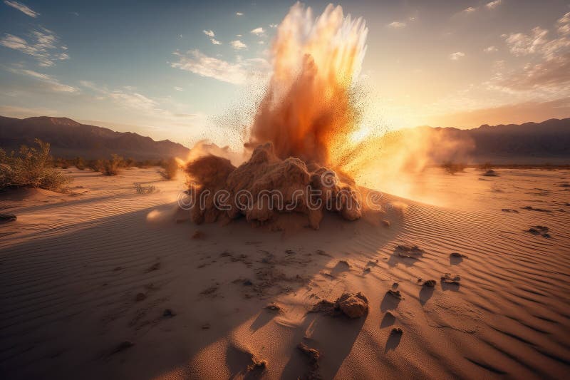 Sand Explosion in a Desert Landscape during Sunset Stock Illustration ...