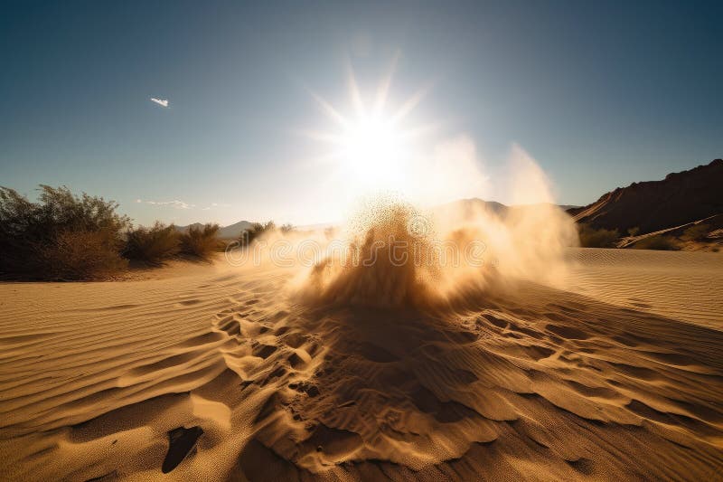 Sand Explosion in a Desert Setting, with the Sun Shining Overhead Stock ...