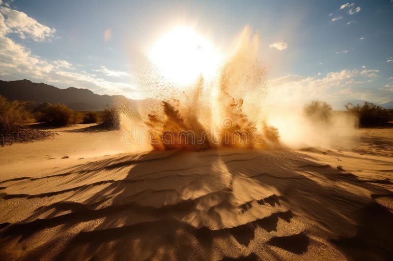 Sand Explosion in a Desert Setting, with the Sun Shining Overhead Stock ...