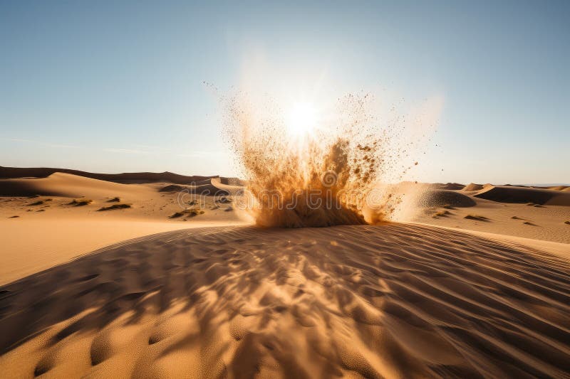 Sand Explosion in a Desert Setting, with the Sun Shining Overhead Stock ...