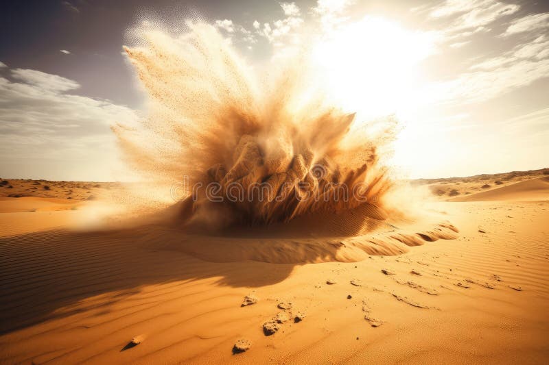 Sand Explosion in a Desert Setting, with the Sun Shining Overhead Stock ...