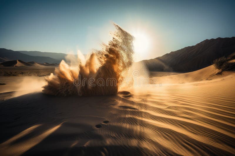 Sand Explosion in a Desert, with the Sun Shining Above Stock ...