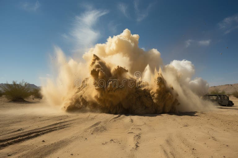 Sand Explosion, with Dust and Debris Flying in the Air after a Mine ...