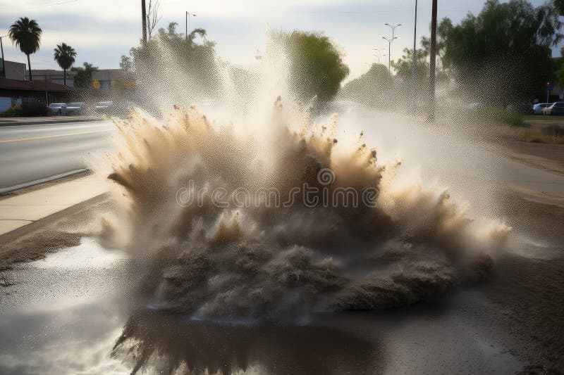 Sand Explosion Erupting from Storm Drain, with Water Rushing Past Stock ...