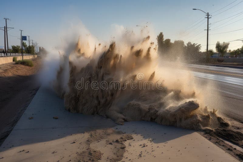 Sand Explosion Erupting from Storm Drain, with Water Rushing Past Stock ...