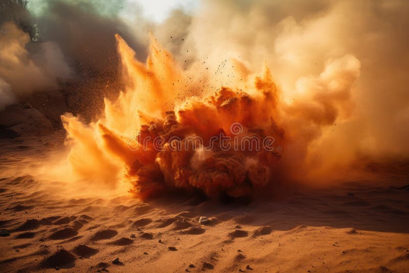 Sand Explosion in a Fiery Setting, with Flames and Smoke Visible Stock ...