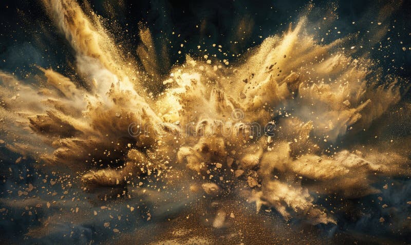 Sand Explosion, Golden Grains Dispersing on Black Background Stock ...