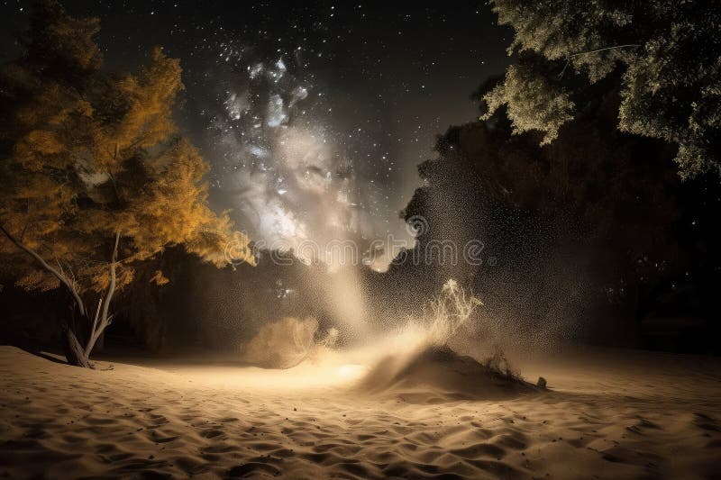 Sand Explosion in Magical Forest, with Twinkling Stars and Moon Above ...