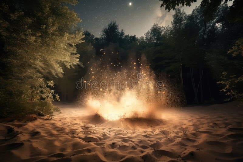 Sand Explosion in Magical Forest, with Twinkling Stars and Moon Above ...