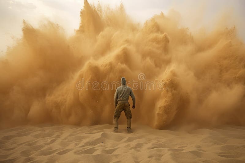 Sand Explosion with Person in the Middle Being Protected by Sandstorm ...