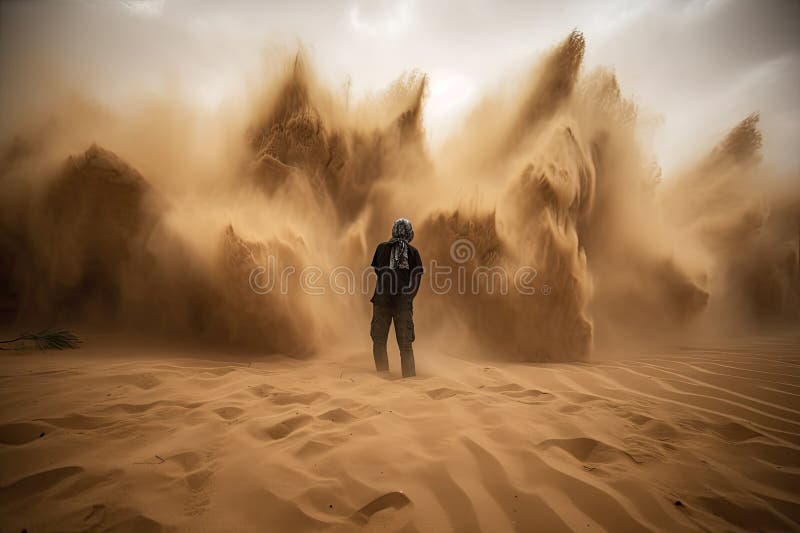 Sand Explosion with Person in the Middle Being Protected by Sandstorm ...