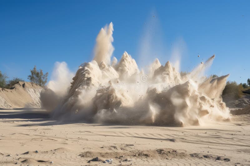 Sand Explosion in Quarry, with Sand and Debris Flying through the Air ...
