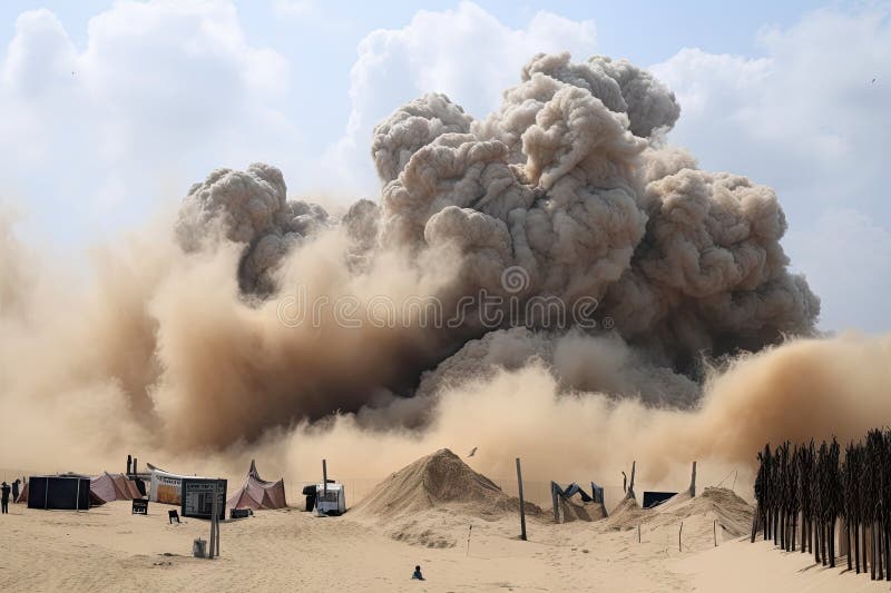 Sand Explosion, with Smoke and Fire Billowing from the Blast Site Stock ...
