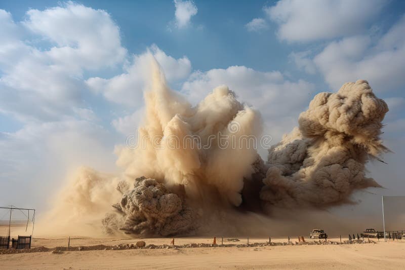 Sand Explosion, with Smoke and Fire Billowing from the Blast Site Stock ...