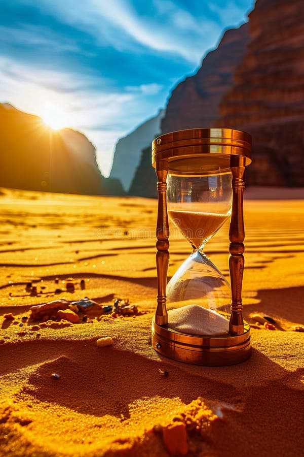 Sand Filled Beach with Large Golden Colored Glass Sand Timer Sitting on ...