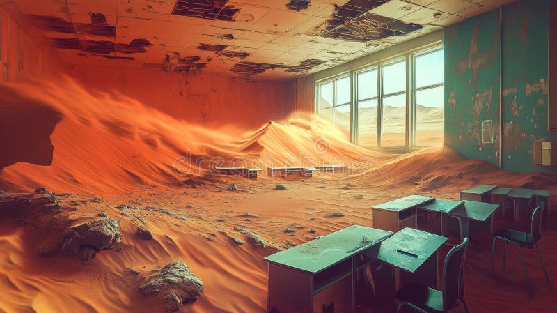Sand Fills the Empty and Deserted Classroom of a Post-apocalyptic ...