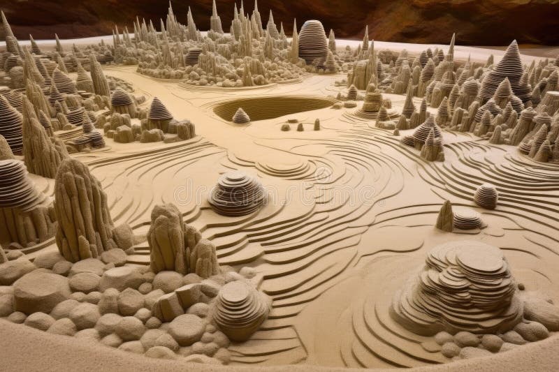 Sand Garden with Intricate Swirling Patterns and Rocks Stock ...