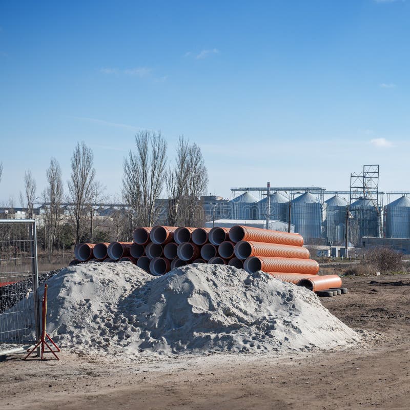Sand, Gravel and Stack of New Orange Polypropylene Pipes in Front of ...