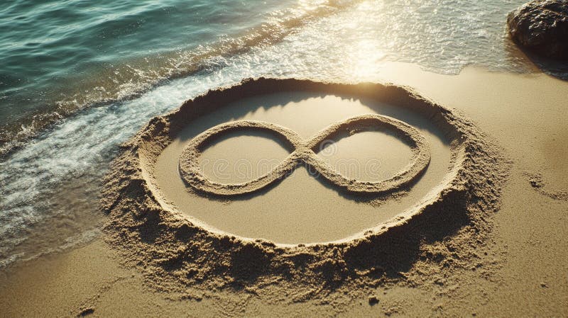 Sand Infinity Symbol Created on Beach at Sunset with Gentle Waves ...