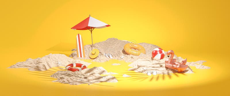Sand Island Summer Accessories Concept Yellow Background Banner 3D ...
