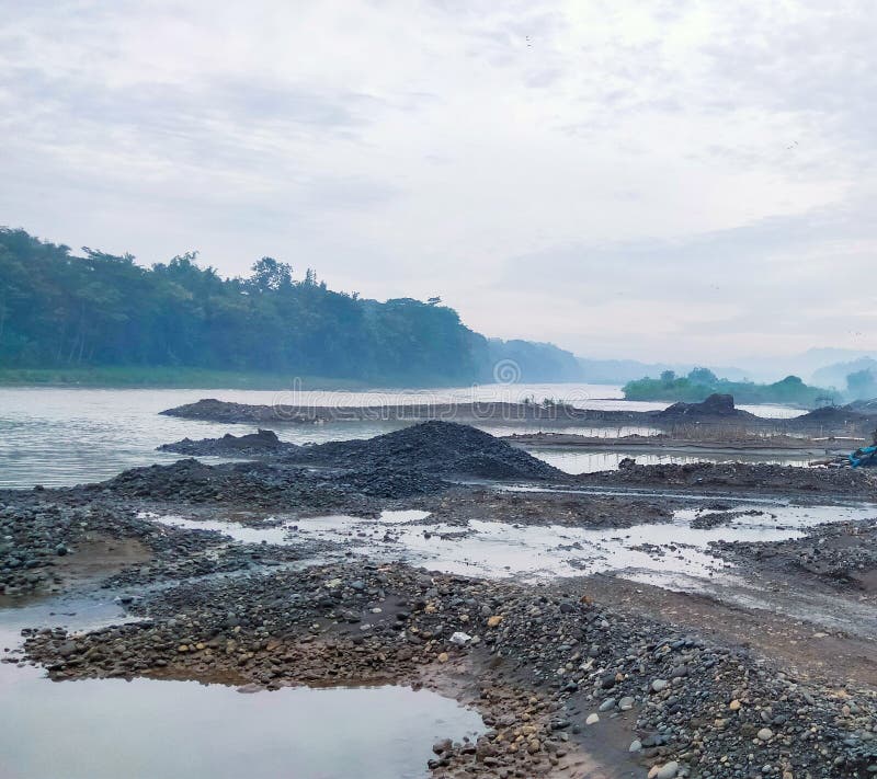 Sand Quarry in Rocky and Mysty River Stock Image - Image of shore ...