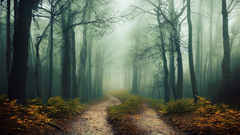 The Sand Road Passes through a Spooky Forest with Long Trees Covered in ...