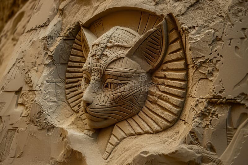 Sand Sculpture of a Ancient Egyptian Cat with Intricate Carvings on ...