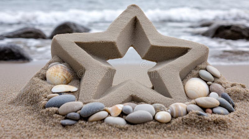 A Sand Sculpture of a Star on the Beach with Shells and Pebbles, AI ...
