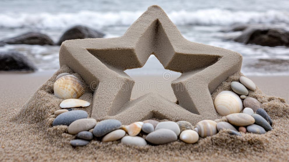 A Sand Sculpture of a Star on the Beach with Shells and Pebbles, AI ...