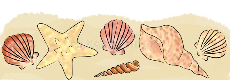 Shells Border. Happy Birthday Card with Cartoon Sea Star, Seaweed and ...