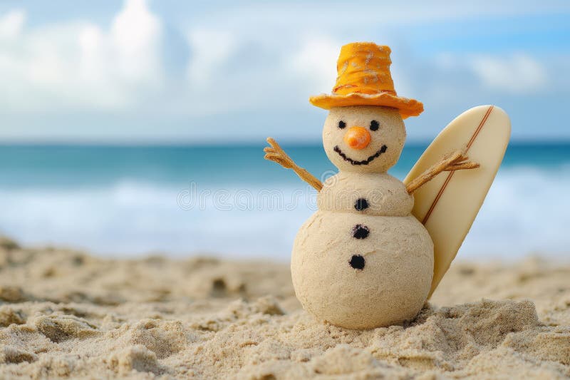 Sand Snowman on the Beach with a Surfboard for Christmas Stock Photo ...