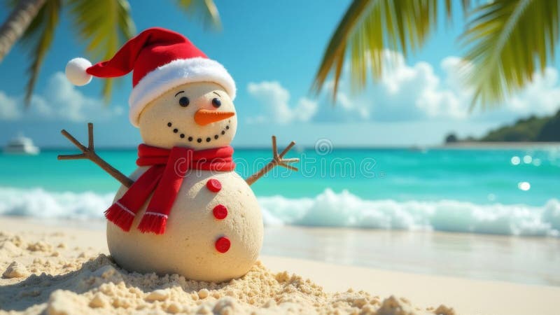 Sand Snowman in Santa S Hat on the Seashore with Palm Trees Stock ...