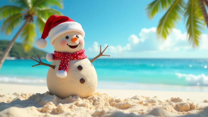 Sand Snowman in Santa S Hat on the Seashore with Palm Trees Stock ...
