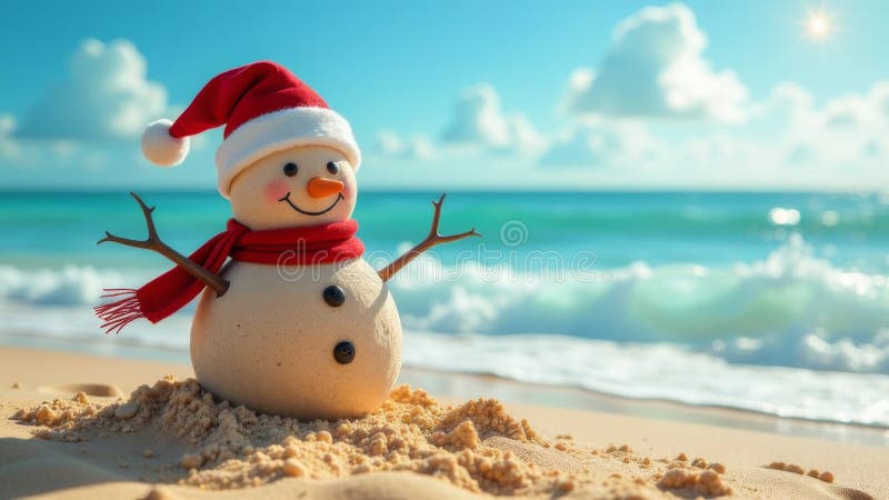 Sand Snowman in Santa S Hat on the Seashore with Palm Trees Stock ...