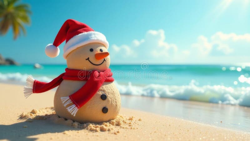 Sand Snowman in Santa S Hat on the Seashore with Palm Trees Stock ...