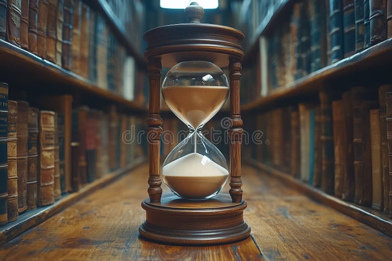 Sand Steadily Flows in an Hourglass Placed among Rows of Ancient Books ...