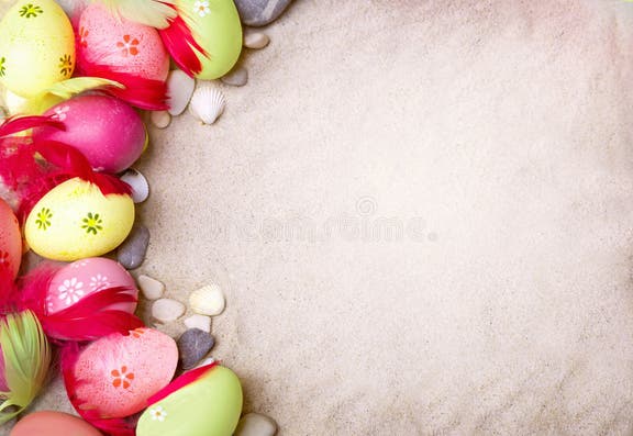 Sand Texture with Colorful Easter Eggs and Seashell, Stones on the ...