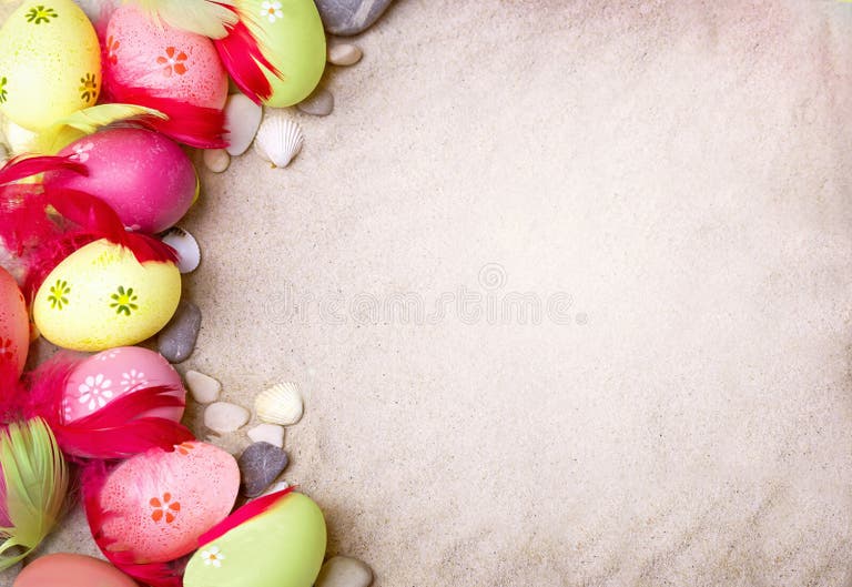 Sand Texture with Colorful Easter Eggs and Seashell, Stones on the ...
