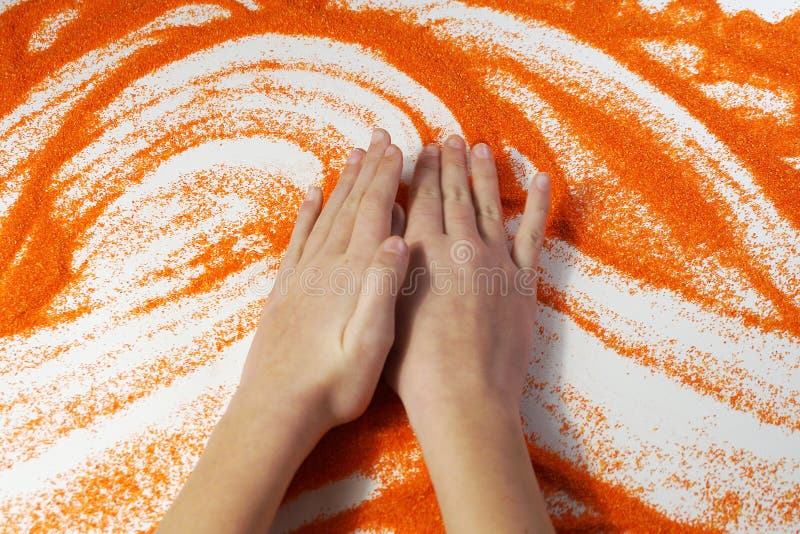 Sand Therapy Session, Child`s Hands Touch Orange Sand Stock Photo ...