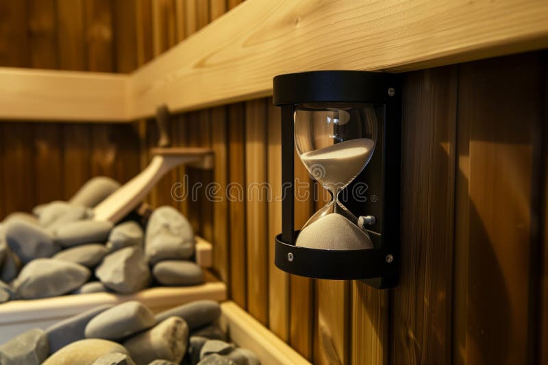 Sand Timer Mounted on a Sauna Wall Next To Stones Stock Photo - Image ...