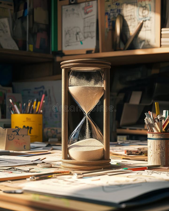 Sand Timer Running Out on a Cluttered Desk Surrounded by Unfinished ...