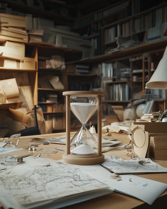 Sand Timer Runs Out on a Cluttered Desk Filled with Unfinished Projects ...