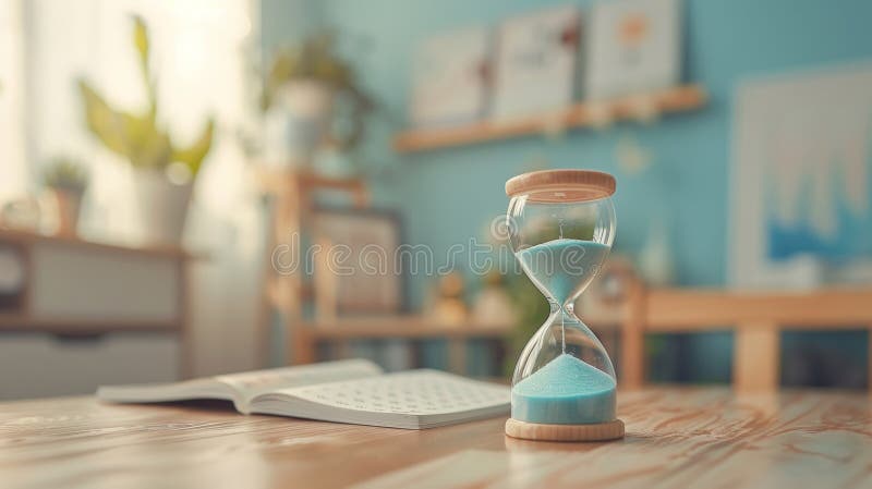 A Sand Timer on a Table Next To an Open Book, AI Stock Image - Image of ...