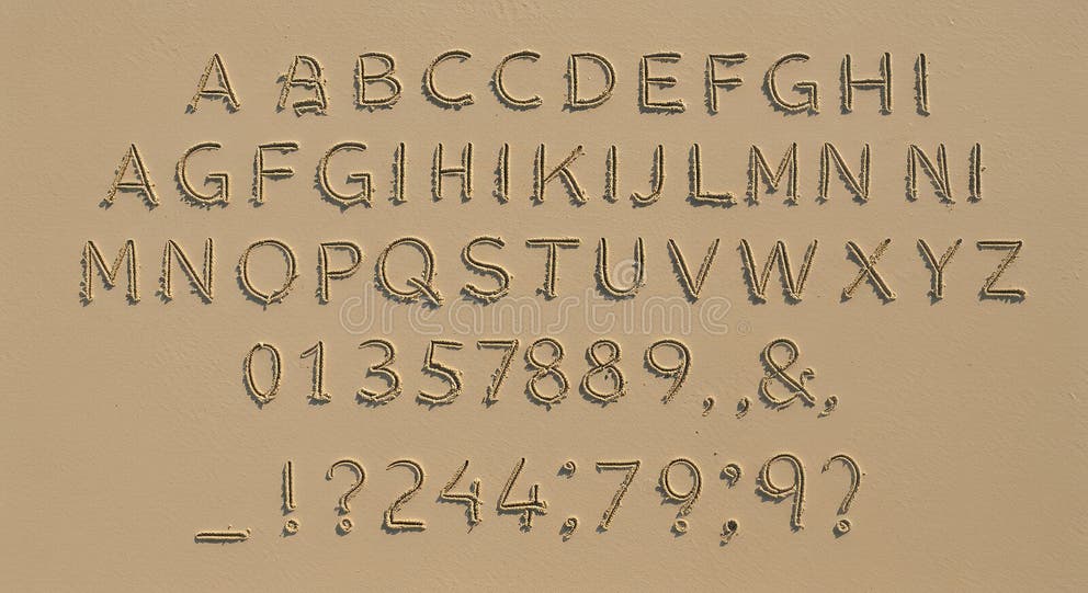 Sand Typography Alphabet, Numbers and Punctuation Marks Drawn on the ...
