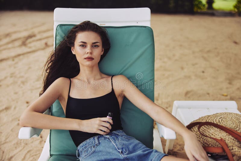 Beach Woman Brunette Sand Lifestyle Sunbed Sea Lying Resort Ocean