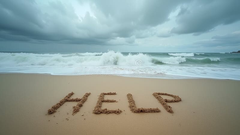 Sand Writing "HELP" on Beach with Waves. Stock Illustration ...
